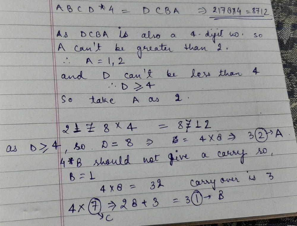Find The Number ABCD so That ABCD 4 DCBA Here A Is Not Equal To B Find The Number ABCD so That ABCD 4 DCBA Here A Is Not Equal To B