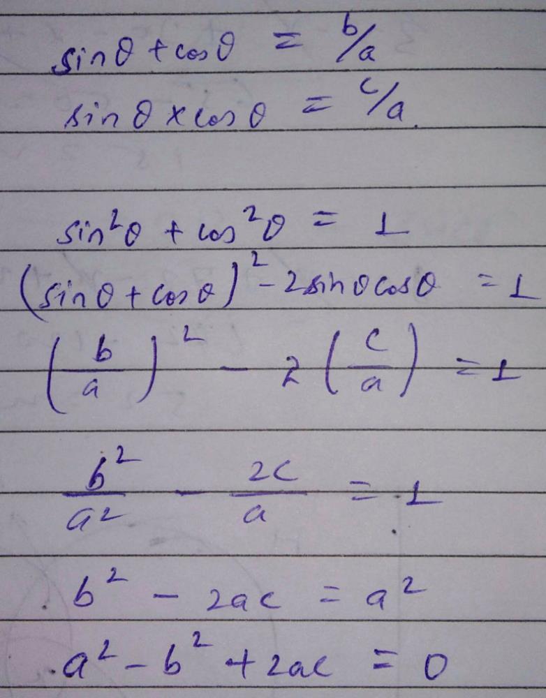 If Sinθ And Cosθ Are The Roots Of The Equation Ax2 Bx C 0 Then A