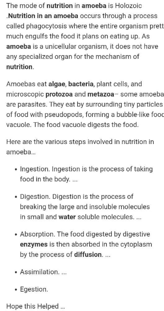 Nutrition In Amoeba Edurev Class 10 Question