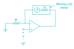 The circuit shows an analog voltmeter of very high input impedance that ...