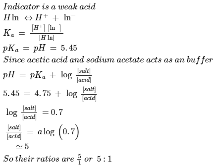 An acid-base indicator which is a weak acid has a pKa value = 5.45. At ...