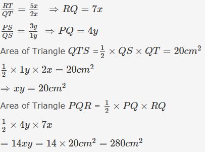 In the given figure angle Q is a right angle, PS:QS = 3:1, RT:QT = 5:2 and PU:UR = 1:1. If area ...