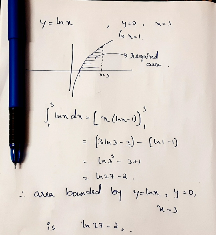 Area bounded by the curve y = ln x, y = 0 and x = 3 is -a)(ln 9 – 2) sq ...