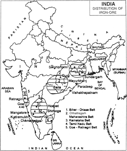 Describe the distribution of iron ore in India? | EduRev Class 10 Question
