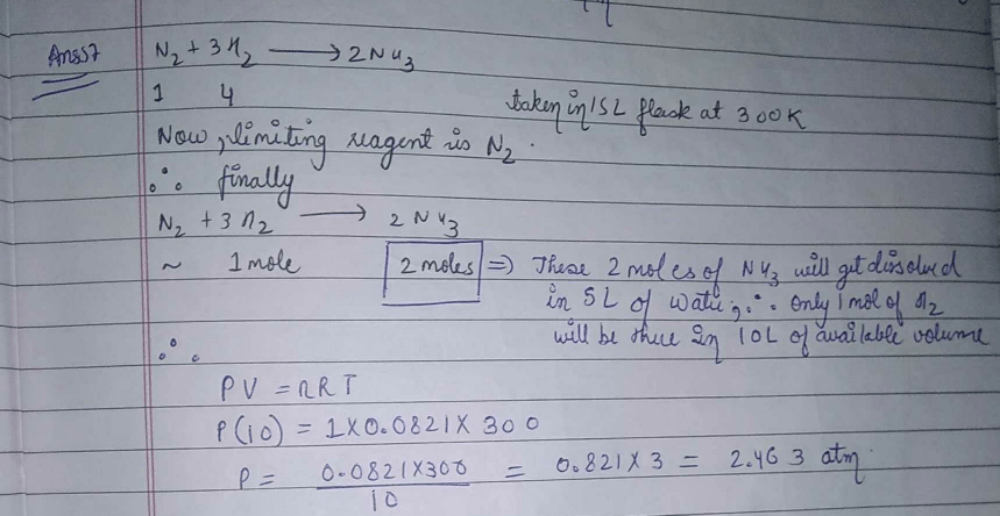 N2 + 3H2 —> 2NH3. 1 mole N2 and 4 moles H2 are taken in 15 L flask at ...